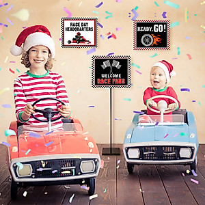 9 Pieces Racing Car Party Decorations, Race Sign Black Laminated Signs, Car Theme Party Signs, Race Car Birthday Party Supplies, Paper Cutouts with 40 Glue Point