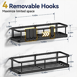 YASONIC Shower Caddy Adhesive, No Drill Bathroom Shower Organizers, with Removable Hooks, Rust Proof Shower Shelves, Wall-Mounted Shower Holder, Black, 2 Pack