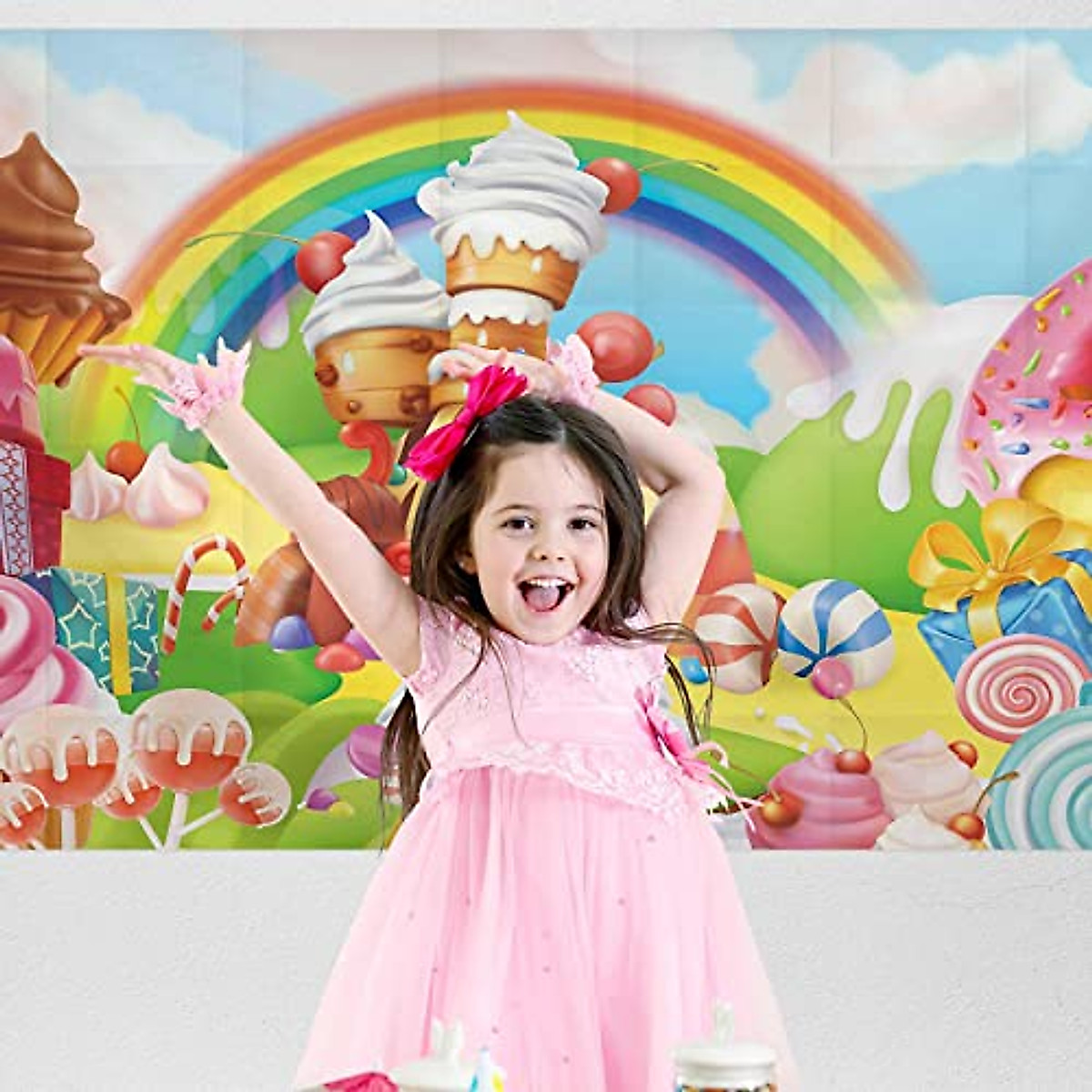 Allenjoy 59" x 35" Lollipop Candyland Backdrop Sweet Cartoon Rainbow Party Supplies for Girl Princess 1st First Birthday Decoration Photography Cupcake Icecream Donut Candy Photo Booth Background Prop