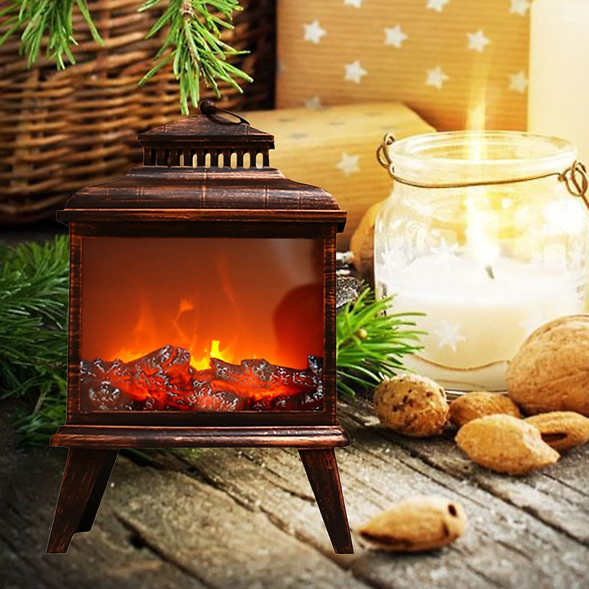 Backbayia 3D Hanging Flameless Lantern Retro Style Decorative Night Lamp for Home Living Room Garden Office (31x15.5x48cm)