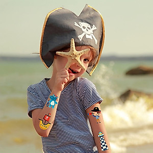 Cerlaza 100 Styles Luminous Pirate Party Supplies, Pirate Temporary Tattoos for Kids Birthday Party Favors Decorations, Fake Pirate Tattoos Stickers Accessories for Boys and Girls Toddlers Body Makeup