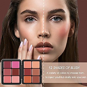 LSxia 12 Colors Cream [Blush] Makeup Palette for Cheeks - Multi-functional Blush Makeup Palette with Brush, Natural Matte Long Wearing, Waterproof Blendable Face Makeup Palette (#01)