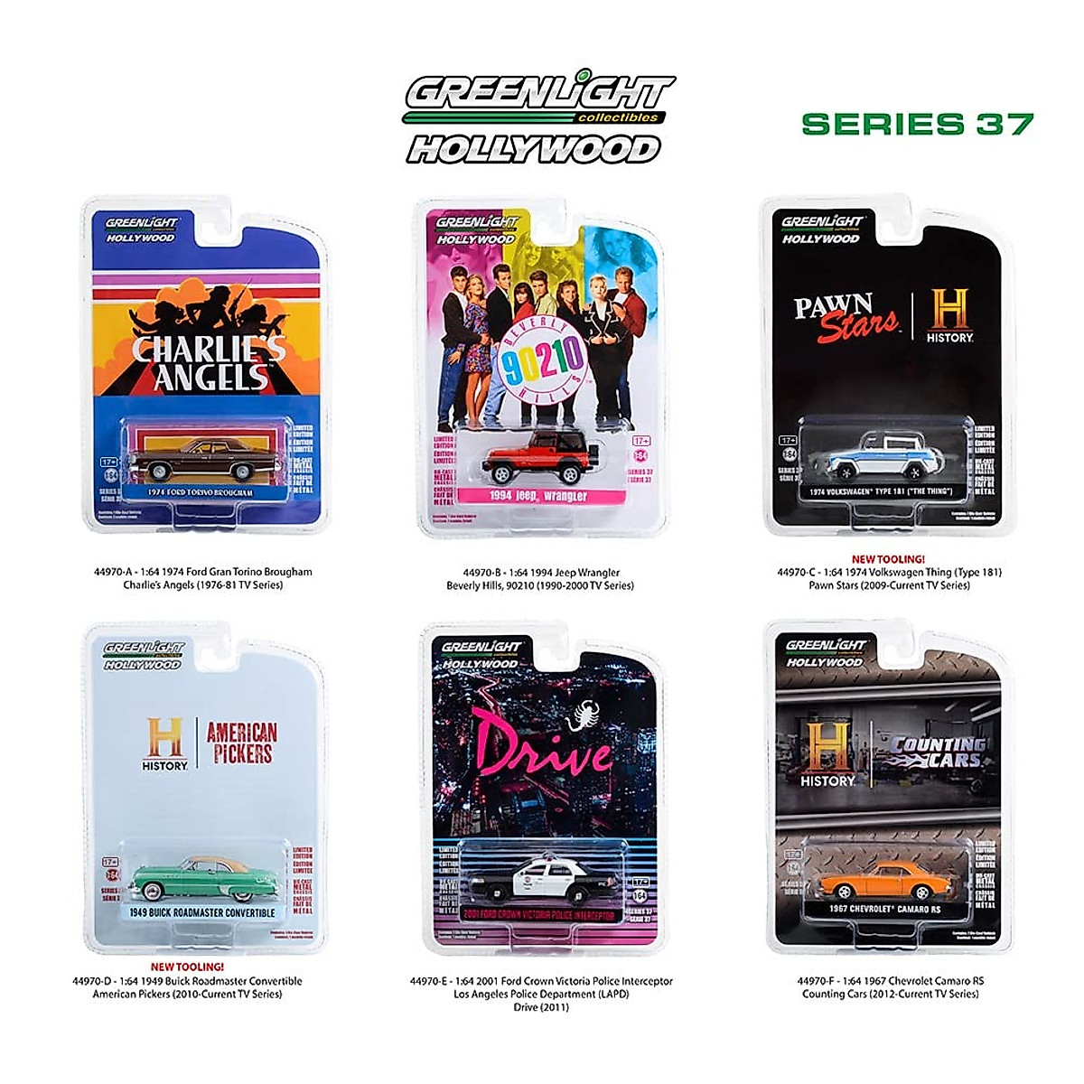 Greenlight 44970 Hollywood Series 37 Complete Set of Six (6) Diecast Models 1:64 Scale