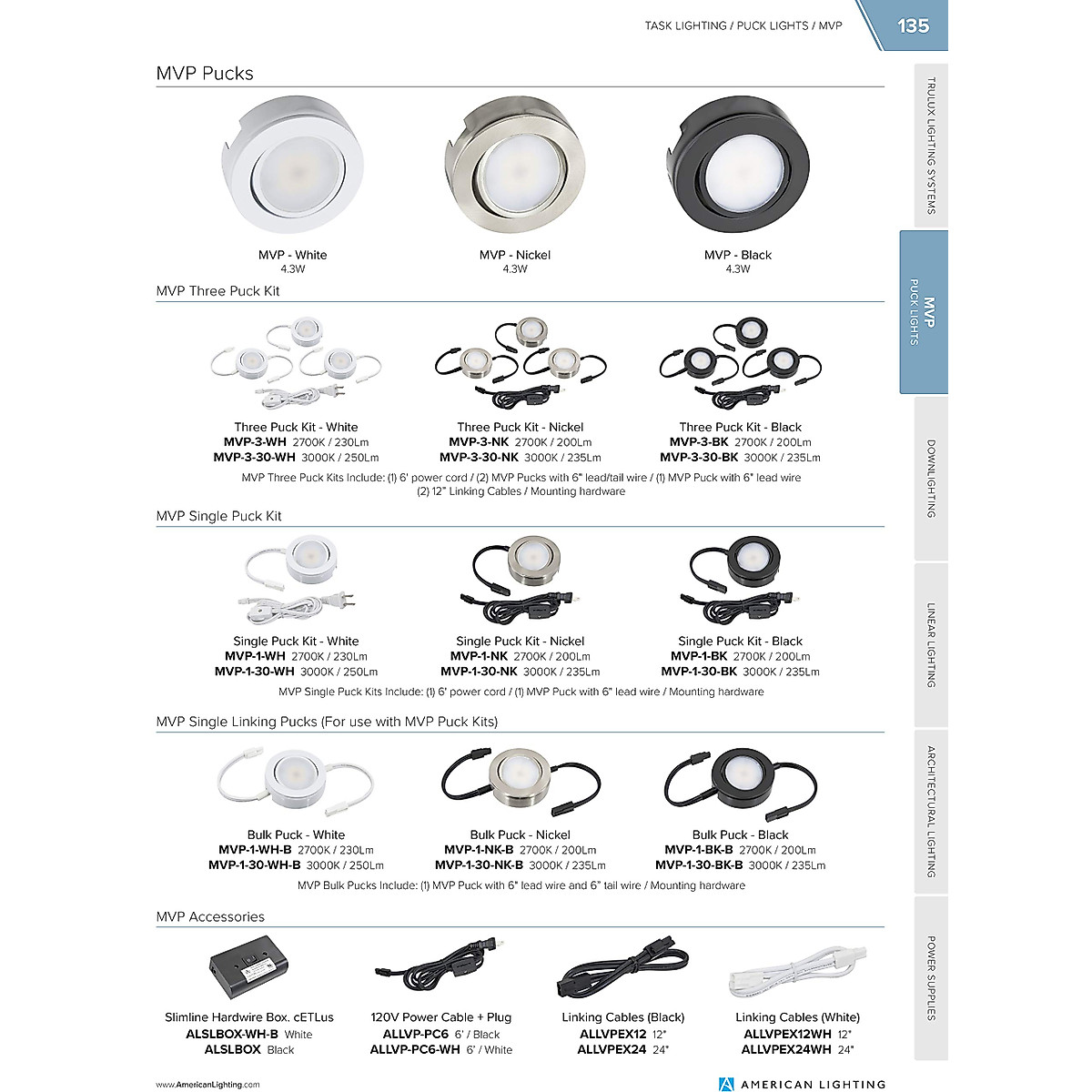 MVP Three Puck Kit, Easy to Install Dimmable Swivel Puck Lights, Linkable, cETLus Listed, 2-3/4-Inch Diameter, 4.3-Watt, 2700K White Finish, 3-Pack Puck Kit