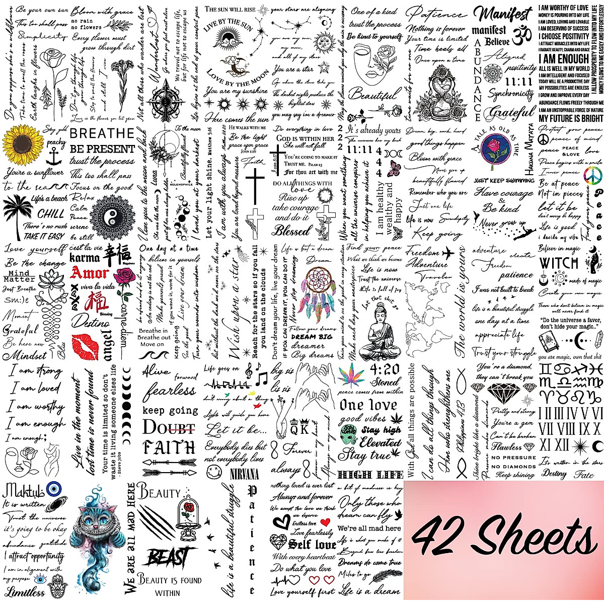 IMPRESSED Realistic Temporary Tattoos – 42 Custom Sheets Tiny Fake Self Care Tattoo – Inspirational Minimalist Affirmation Words and Motivational Quote Permanent Tats for Adult Teens Women Face Body