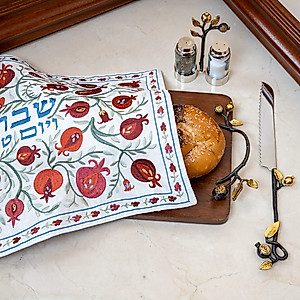 Yair Emanuel Wooden Challah Board with Sculpted Handles - Wooden Serving Tray for Shabbat (Pomegranates CBB-1)