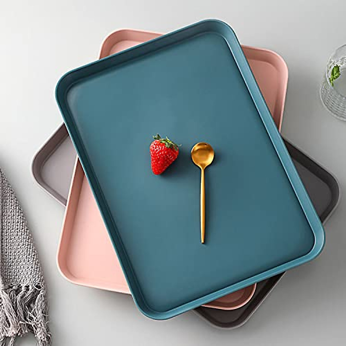 6 Pack 8 x 12 Inch Plastic Trays, Cute Small Pink Grey Blue Trays with 2”Wall, Decorative Food Serving Tray, Rectangular Flat Trays for Couch, Party, Dining, Picnic, Snack, Appetizer, Halyuhn