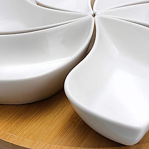 Elama Signature 7 Piece Modern Lazy Susan Appetizer and Condiment Server Set with 6 Unique Design Serving Dishes and a Bamboo Lazy Suzan Serving Tray, 13.5" L