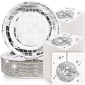 200 Pcs 70s Disco Party Supplies Includes Disco Ball Paper Plates and Disco Cocktail Napkins Silver Disco Paper Plates Disco Napkins for 80s 90s Disco Bachelorette Birthday Party Picnic (White)