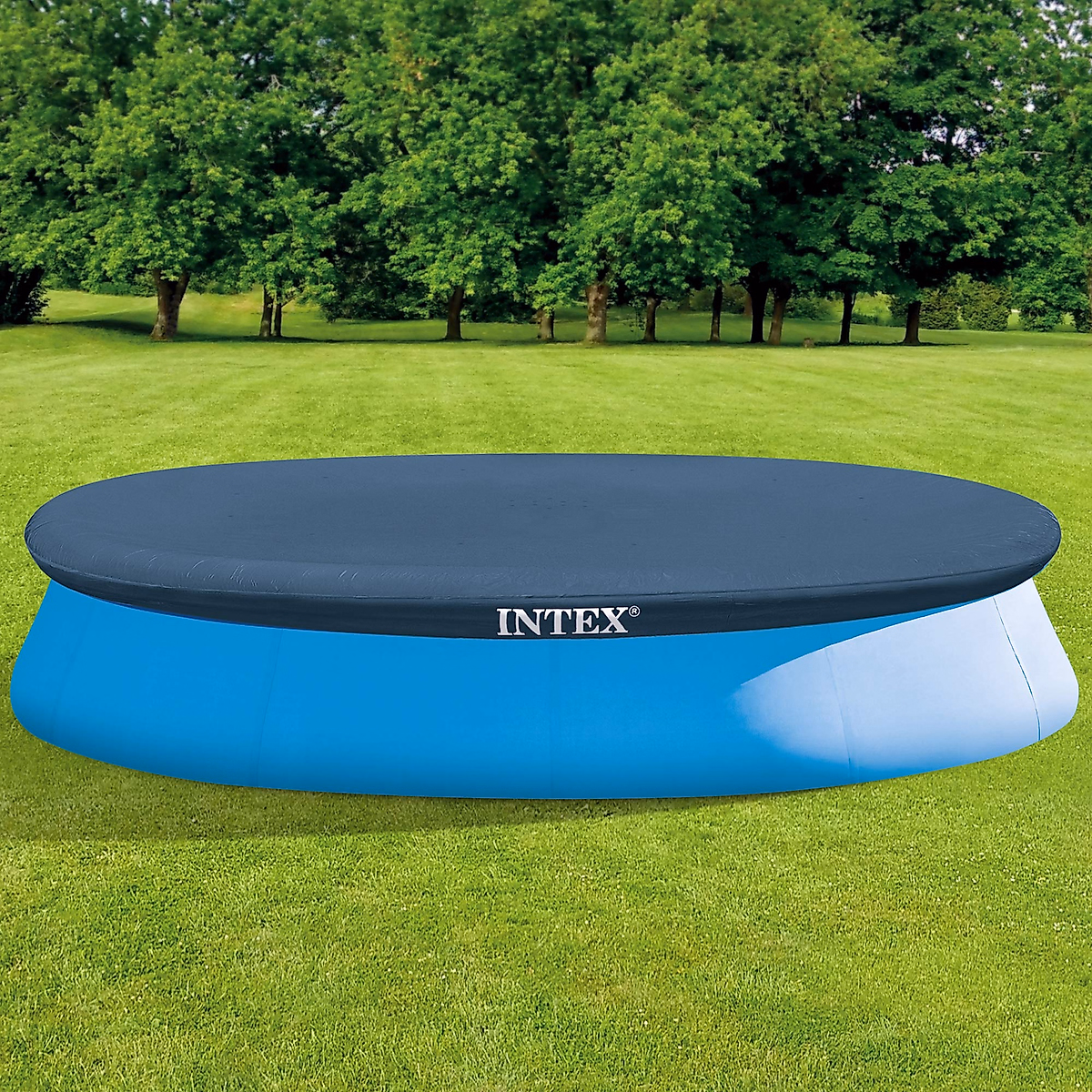 INTEX 28022E Pool Cover: For 12ft Round Easy Set Pools – Includes Rope Tie – Drain Holes – 12in Overhang – Snug Fit