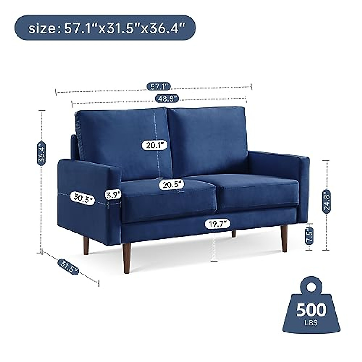 American Furniture Classics Blue 57 Inch Wide Upholstered Two Cushion Loveseat with Square Arms Velvet, 57" x 32" x 37"