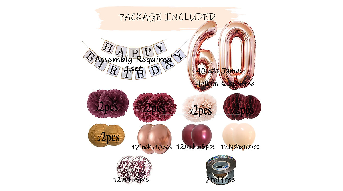 Elegant 60th Birthday Decorations Women Rose Gold & Burgundy ...
