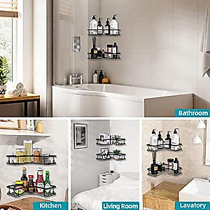 ELYJHYY 2 Pack Wall-Mounted Shower Caddy Corner with Hooks Adhesive Corner Shower Shelf for Inside Shower Basket Rack Storage Stainless Steel Shower Shelf for Bathroom Dorm and Kitchen (Black)