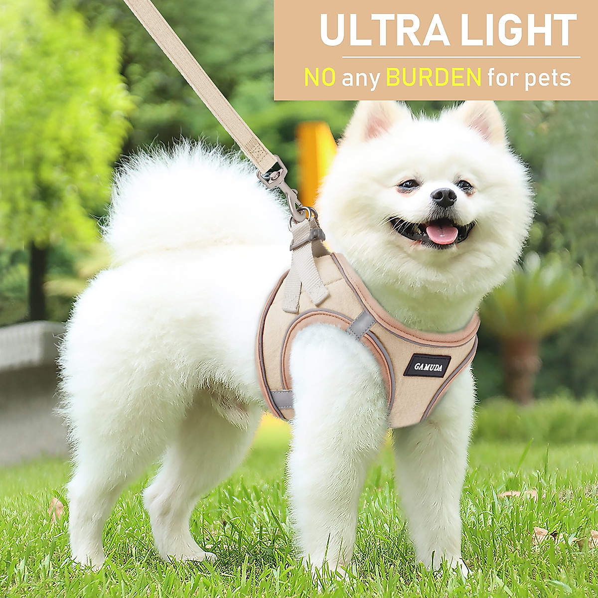 GAMUDA Small Pet Harness Collar and Leash Set, Step in No Chock No Pull Linen Fabric Soft Mesh Dog Vest Harnesses Reflective for Dogs Puppy Cats Kitten Rabbit (Khaki, S)