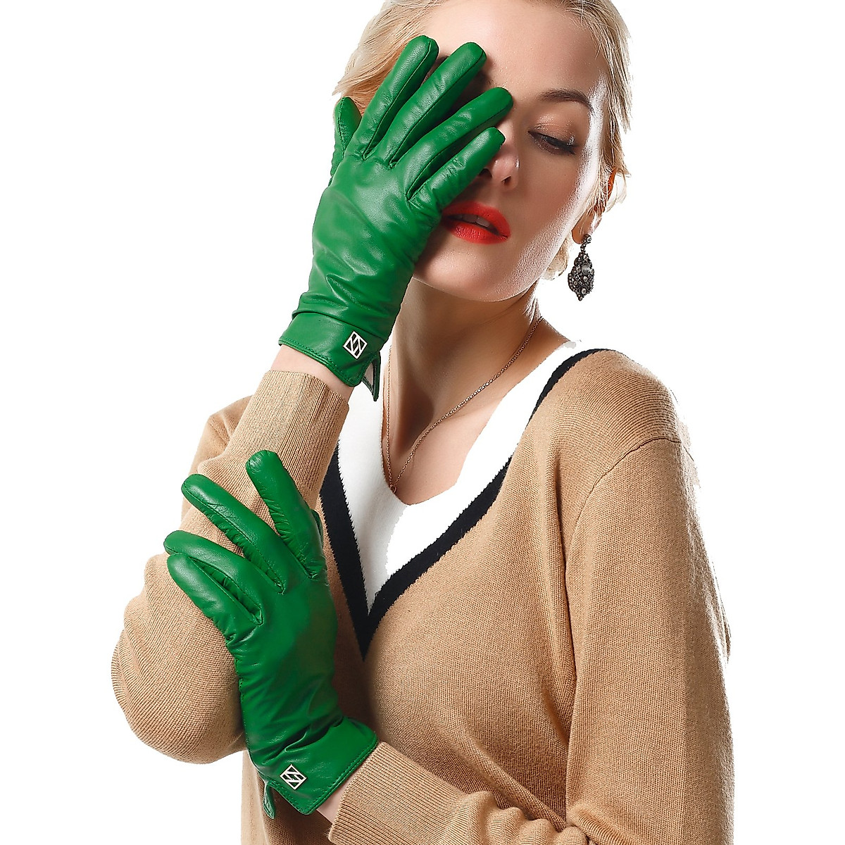NappaNovum Women's Classic Italian Nappa Leather Gloves Lambskin Winter Comfort Lining Fashion Gloves (Touchscreen or Non-Touchscreen) (M, Green)