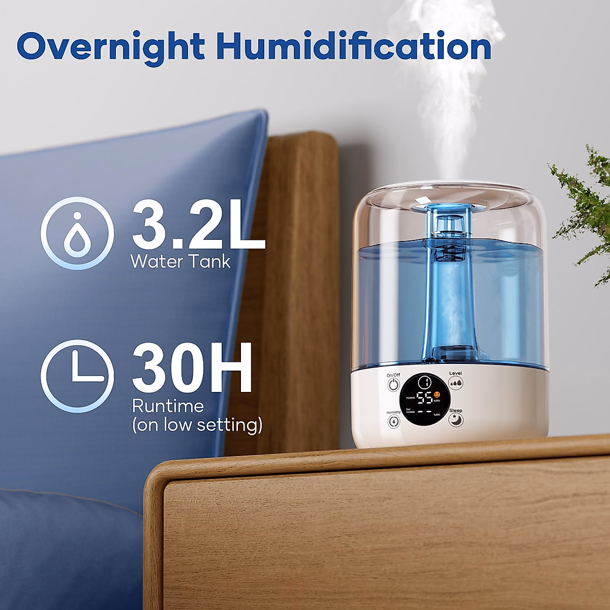 HiLIFE Humidifiers for Bedroom, 3 Times Fog Coverage, 3.2L Ultrasonic Cool Mist Humidifiers for Home Baby Nursery & Plants, Top Fill Air Humidifier Lasts Up to 35 Hours, Auto Shut-Off