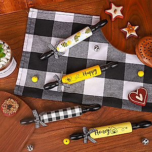 Whaline 4Pcs Honey Bee Mini Rolling Pins Bee Tiered Tray Decor with Bow Black Yellow Home Kitchen Wooden Farmhouse Bee Happy Decoration Table Centerpiece for Shelf Mantelpiece
