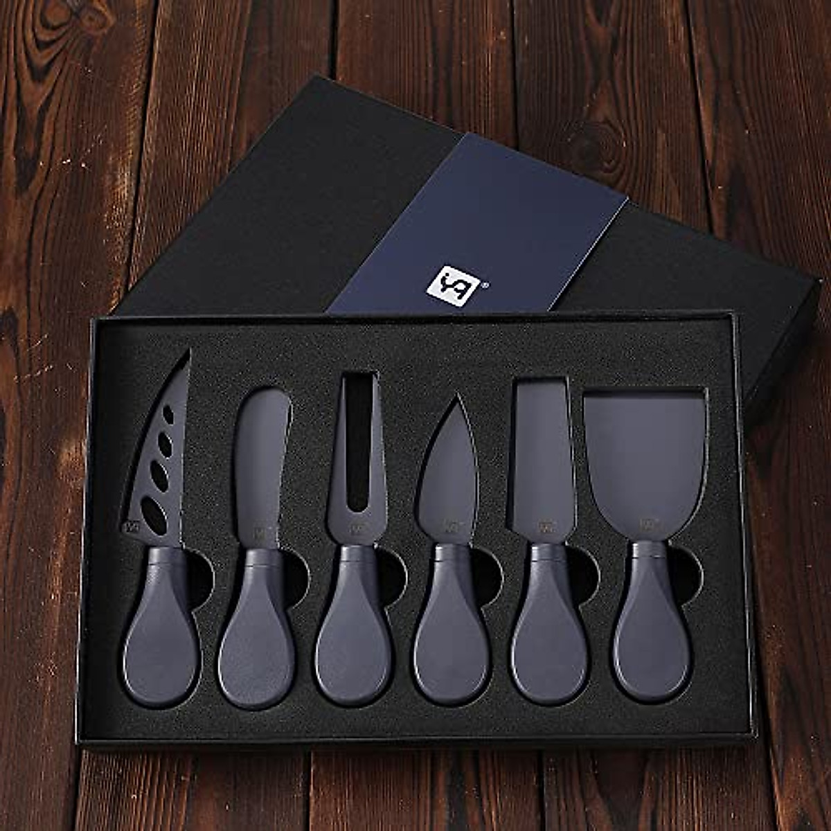 YQ 6-Pieces Cheese Knife Set for Charcuterie Board Accessories,Coated Cheese Knives and Spreader Set,Wedding Housewarming Party Mother Father Valentine Gifts (navy blue)