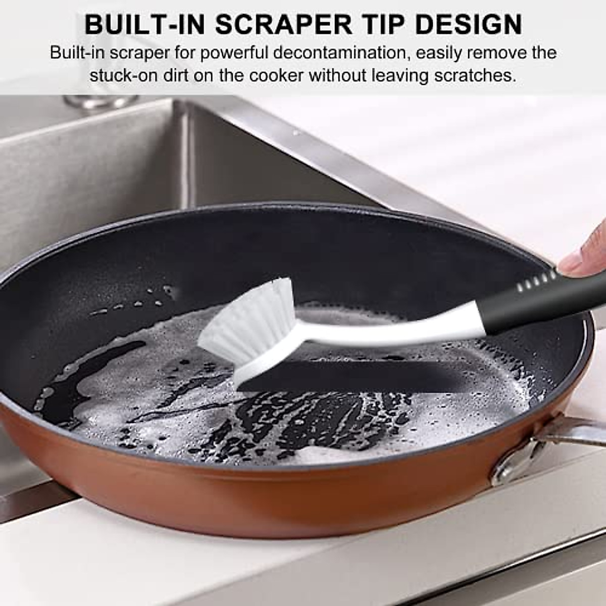 SetSail Dish Brush Set of 3 with Bottle Brush, Dish Scrub Brush with Long Handle Deep Cleaning Handle Brush with Scraper Tip for Kitchen Sink Dishes Bottle Cup Pot and Pans Tile Lines, Black