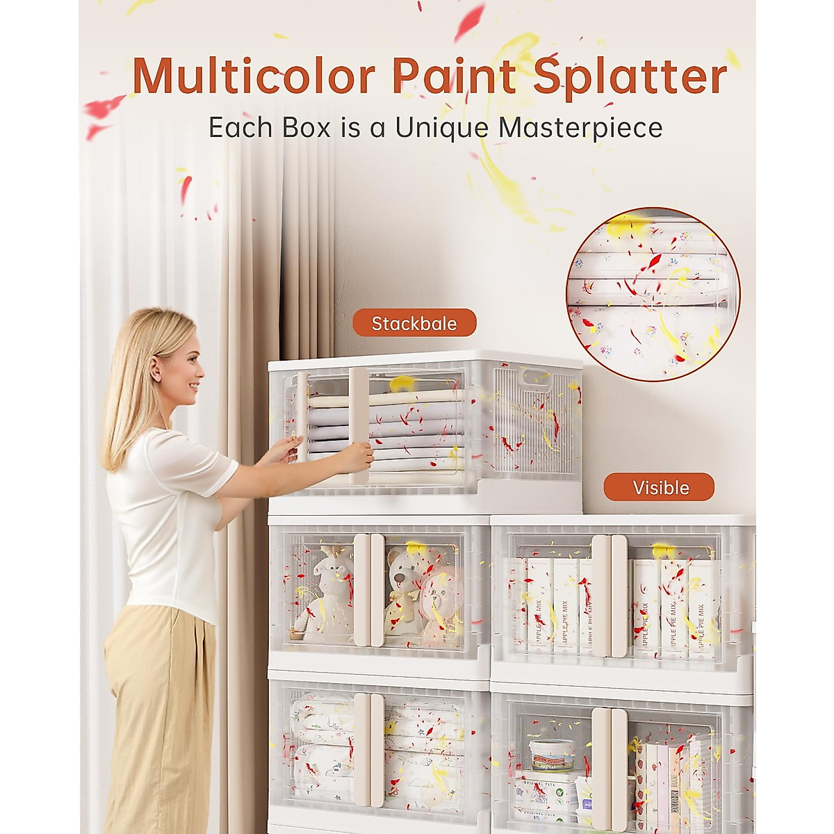 HAIXIN 400QT Stackable Storage Bins With Lids, Plastic Clear Storage Bins Collapsible Storage Drawers, 4 Pack Closet Organizers and Storage Containers with Doors and Wheels For Home, Office, Dorm