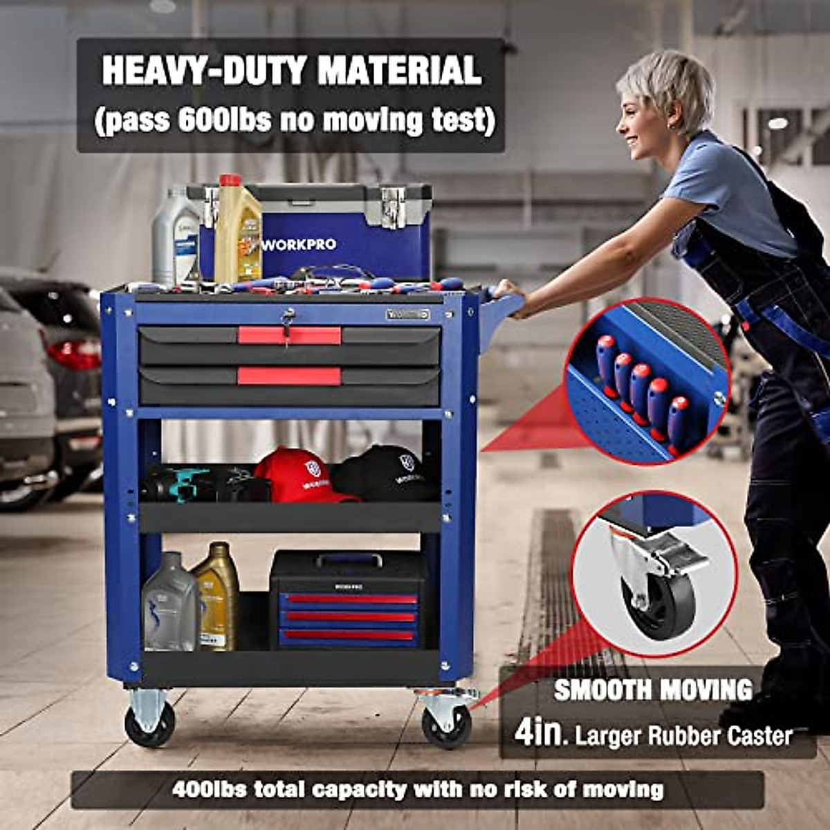 WORKPRO Premium 28” 2-Drawer Rolling Tool Cart, Heavy Duty Utility Industrial Service Cart Storage Organizer with Wheels and Locking System, for Mechanic, Warehouse, Garage, Workshop, 400 lbs Load