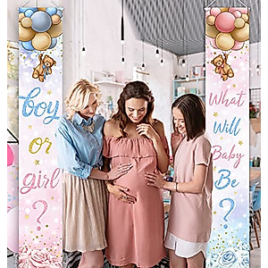 Gender Reveal Decoration-Baby Bear Boy or Girl Porch Sign Banner,Pink Blue Bear Balloon Baby Shower Door Hanging Banner for Boy Girl Gender Reveal Supplies