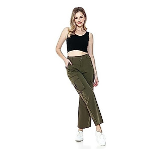 Leggings Depot High Waisted Women’s Straight Wide Leg Trousers w/Pockets, Baggy Cargo Pants, Military-Large