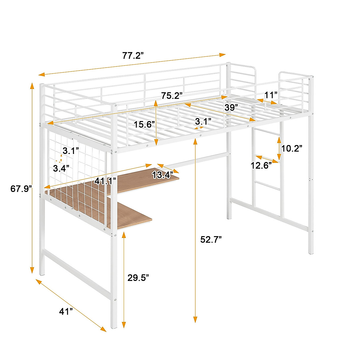 BIADNBZ Metal Twin Loft Bed with L Shaped Desk and Metal Grid, High Beframe for Juniors Adults w/Full-Length Guardrail & Ladders, Space-Saving, No Box Spring Needed, White