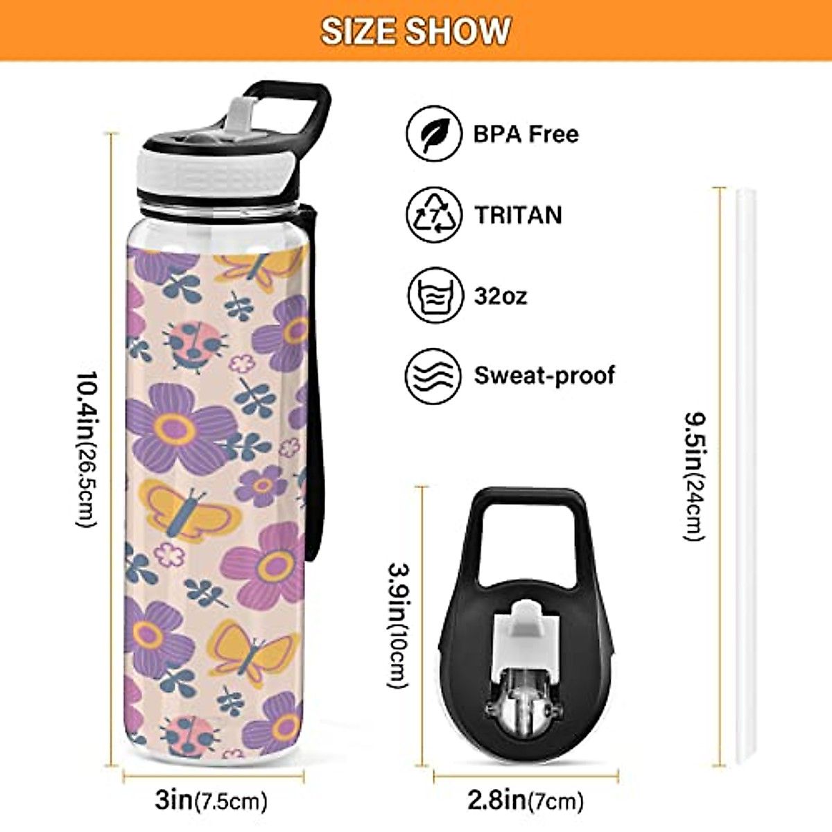 Wusikd Flowers Butterflies Water Bottle Tritan BPA-Free Drink and Straw Leakproof Motivational Ladybug Drinking Water Bottles with Carrying Strap for Office, Gym, Outdoor Sports