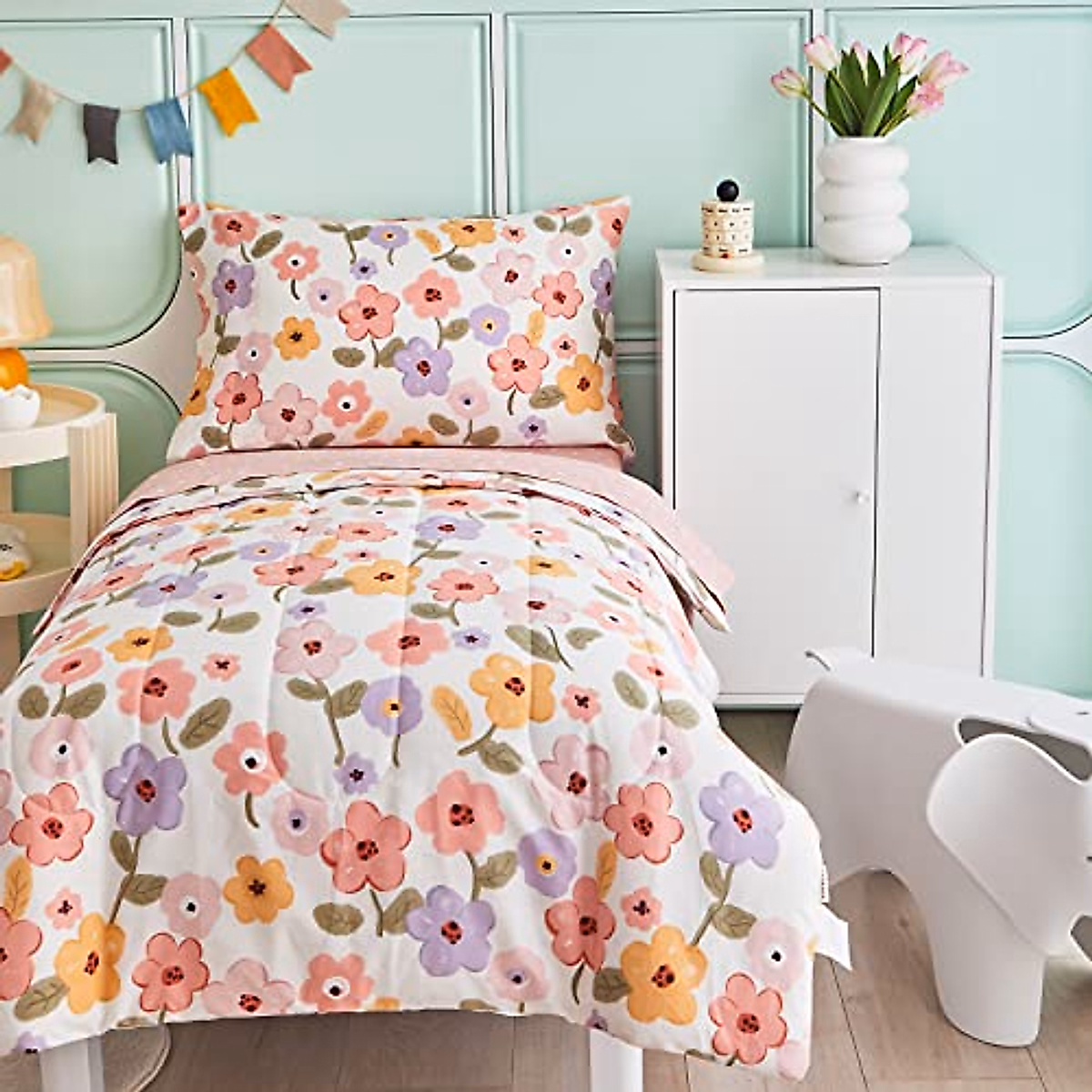 Cotton 4 Pieces Pink Flowers Toddler Bedding Set with Pink Orange Purple Flowers Includes Adorable Quilted Floral Comforter, Pink Fitted Sheet, Top Sheet, and Pillow Case for Boys Girls