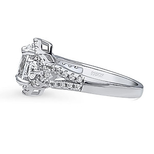 BERRICLE Sterling Silver 3-Stone Wedding Engagement Rings Oval Cut Cubic Zirconia CZ Halo Split Shank Ring for Women, Rhodium Plated Size 7