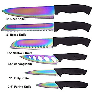 Lightahead 7pcs Premium Rainbow Colored Knife Set, 6 Stainless Steel Kitchen Knives with Chopping Board