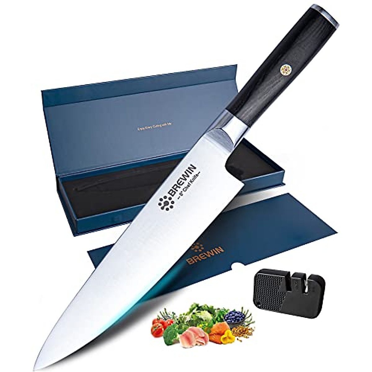 Brewin Japanese Chef knife 8 inch with Knife Sharpener,Professional Sharp Kitchen Knife with Elegant Black Pakkawood Handle High Carbon Stainless Steel Hand Forged Chef's Knives for Cooking Gift Box