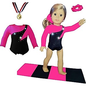 Sparkling Success: 2024 American Doll Girl Pink Gymnastics Doll Clothes Set with Leotard, Mat, Olympic Medal and Hair Accessory. 4 PCS in All! Doll Not Included