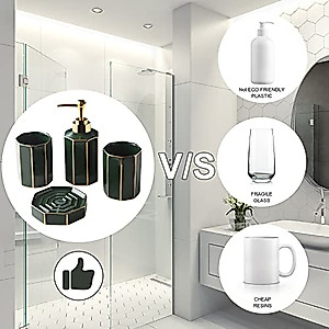 4 Pieces Bathroom Accessories Set Ceramic Bathroom Ensemble Includes Lotion Dispenser Toothbrush Tumbler Soap Dish Green and Gold for Bath Decor
