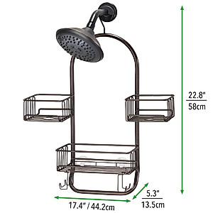 mDesign Modern Metal Wire Bathroom Tub & Shower Caddy, Hanging Storage Organizer Center - 2 Wash Cloth/Razor Hooks, 3 Baskets - for Bathroom Shower Stalls, Bathtubs - Rust Resistant - Bronze