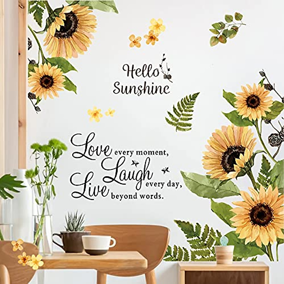 Sunflower 3D Yellow Flower Wall Stickers Decals, Removable Laugh Flowers Butterfly Wallpaper Decor, DIY Art Mural for Kids Room Nursery Classroom Bedroom Home Decoration