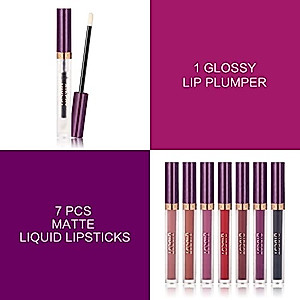QiBest 7Pcs Matte Liquid Lipstick wiith 1Pcs Lip Plumper Makeup Set, Waterproof Lip Gloss Sets Kit Pigmented Long Lasting Velvet Lip Makeup Gift for Women and Girls