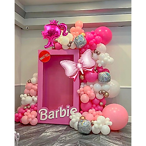 146pcs Pink Balloon Garland Hot Pink Rose Red Light Pink Matte White Balloons Silver Disco Ball Bow Crown Princess Star Balloon Arch Kit For Princess Party Decoration Birthday Baby Shower