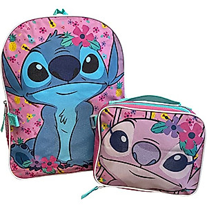 Fast Forward Stitch and Angel 15 Inch Kids Backpack With Removable Lunch Box (Pink-Aqua)