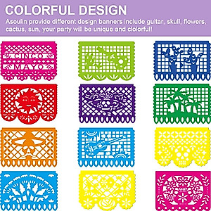 Asoulin 6 PCS 90 Ft Fiesta Party Decorations Mexican Party Banners, Cinco De Mayo Mexico Decor Easter Banner, Plastic Papel Picado, Dia De Los Muertos, Day of The Dead Decor, 12 Patterns/90 Feet Total