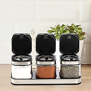 DEAYOU 3 Pack Glass Seasoning Box with Tray, Clear Condiment Canister with 18/10 Stainless Steel Lid and Spoon, Kitchen Spice Pot with Base, Salt Pepper Sugar Storage Container Jar Cruet for Desk