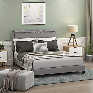 Furinno Laval Double Row Nail Head Upholstered Platform Bed Frame, Queen, Glacier