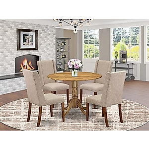 East West Furniture DLFL5-ANA-04 5 Piece Dining Room Furniture Set Includes a Round Dining Table with Dropleaf and 4 Light Tan Linen Fabric Parsons Chairs, 42x42 Inch, Natural