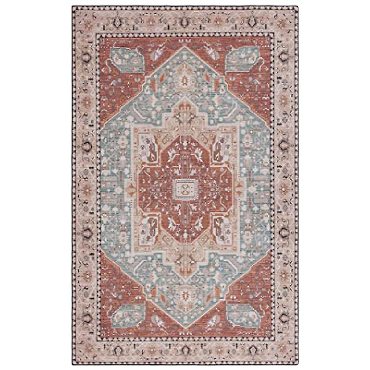 SAFAVIEH Tucson Collection Machine Washable Slip Resistant 8' x 10' Aqua / Rust TSN150J Traditional Vintage Persian Medallion Living Room Dining Bedroom Area Rug