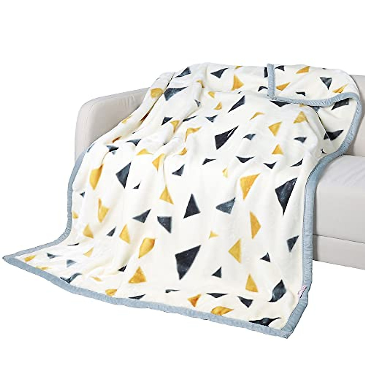 Queenshin Cozy Plush Simple Big Triangle Print Flannel Fleece Blanket, 800 GSM Super Thick Soft Raschel Throw for Sofa Couch Bed 60 * 80 inch, White