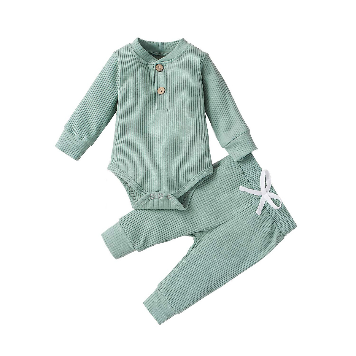 CIYCUIT Newborn Baby Boy Girl Outfits Long Sleeve Ribbed Romper Pants Set 0 3 6 12 18 24 Months Gender Neutral Baby Clothes Light Green 12-18 Months