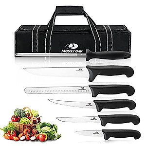 Mossy Oak Outdoor Knife Set - 6 PCS Chef Knife Set with Roll Bag - Premium Stainless Steel BBQ Knife Sets with Ergonomic Handle - 6’’ Fillet Knife for Fishing - Birthday Gifts for Women Men Lovers