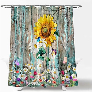 JOFKAXU Rustic Sunflower Shower Curtain Vintage Barn Door Floral Plant Flower Butterfly Farmhouse Retro Teal Wooden Board Country Bath Curtain with Hook
