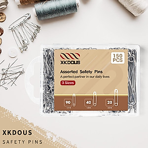 XKDOUS Safety Pins, 150 PCS Safety Pins Assorted, 3 Different Sizes Silver Safety Pins Bulk, Small Safety Pins, Large Safety Pins Heavy Duty for Clothes, Sewing, Craft